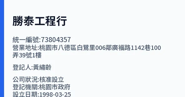勝泰工程行的照片-統編 73804357(桃園市) 公司登記資料與營業項目詳細圖表