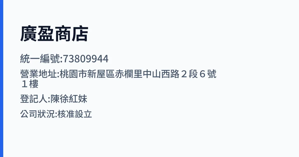 廣盈商店 - 統編 73809944(桃園市) 公司登記資料與營業項目詳細圖表