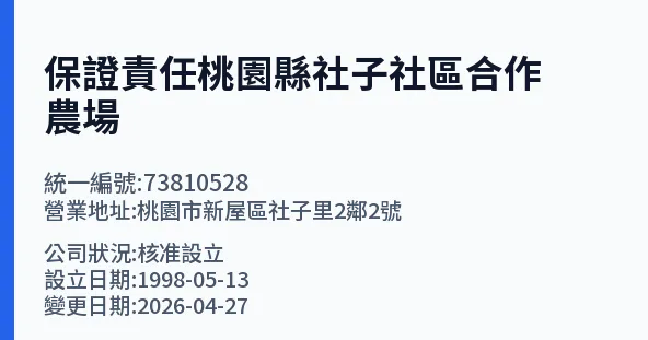保證責任桃園縣社子社區合作農場的照片-統編 73810528(桃園市) 公司登記資料與營業項目詳細圖表