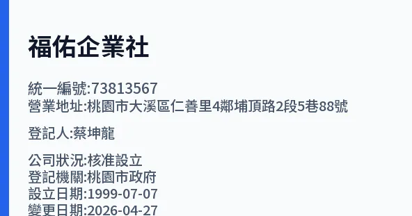 福佑企業社的照片-統編 73813567(桃園市) 公司登記資料與營業項目詳細圖表