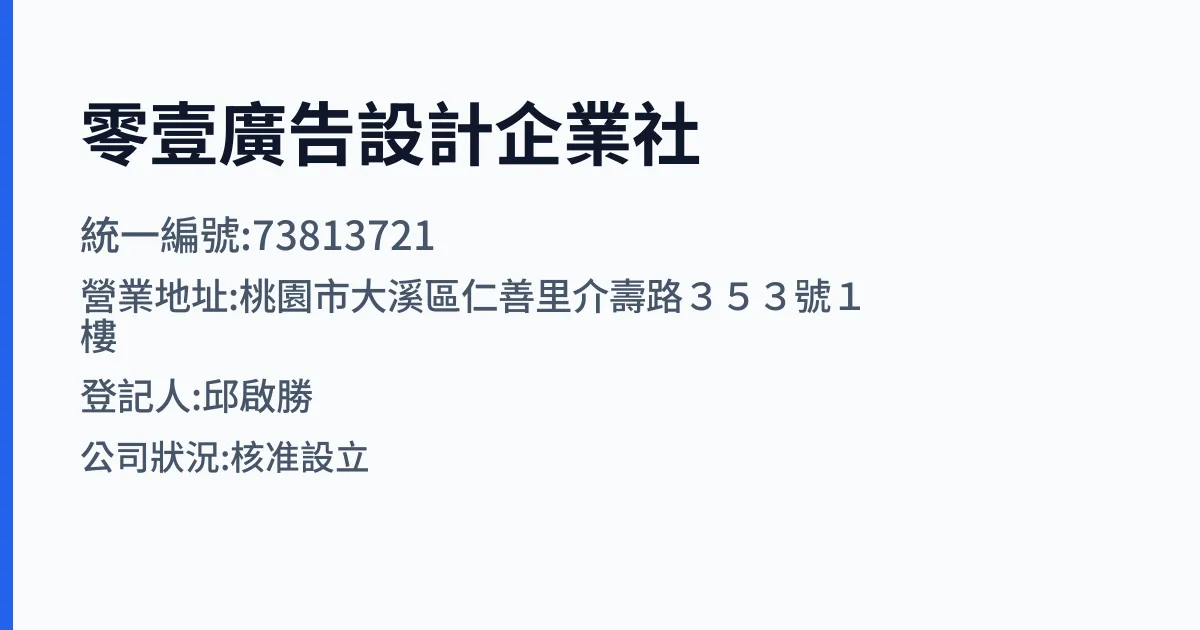 零壹廣告設計企業社 - 統編 73813721(桃園市) 公司登記資料與營業項目詳細圖表