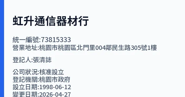 虹升通信器材行的照片-統編 73815333(桃園市) 公司登記資料與營業項目詳細圖表