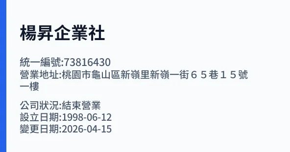 楊昇企業社的照片-統編 73816430(桃園市) 公司登記資料與營業項目詳細圖表