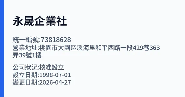 永晟企業社的照片-統編 73818628(桃園市) 公司登記資料與營業項目詳細圖表