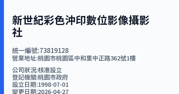 新世紀彩色沖印數位影像攝影社的照片-統編 73819128(桃園市) 公司登記資料與營業項目詳細圖表