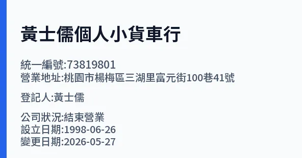 黃士儒個人小貨車行的照片-統編 73819801(桃園市) 公司登記資料與營業項目詳細圖表