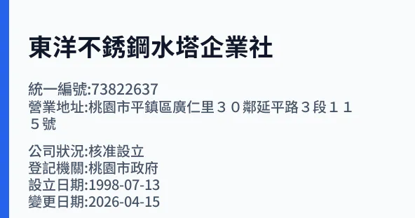 東洋不銹鋼水塔企業社的照片-統編 73822637(桃園市) 公司登記資料與營業項目詳細圖表