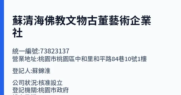 蘇清海佛教文物古董藝術企業社的照片-統編 73823137(桃園市) 公司登記資料與營業項目詳細圖表