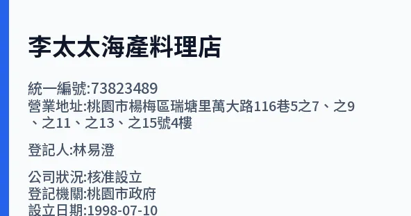 李太太海產料理店的照片-統編 73823489(桃園市) 公司登記資料與營業項目詳細圖表