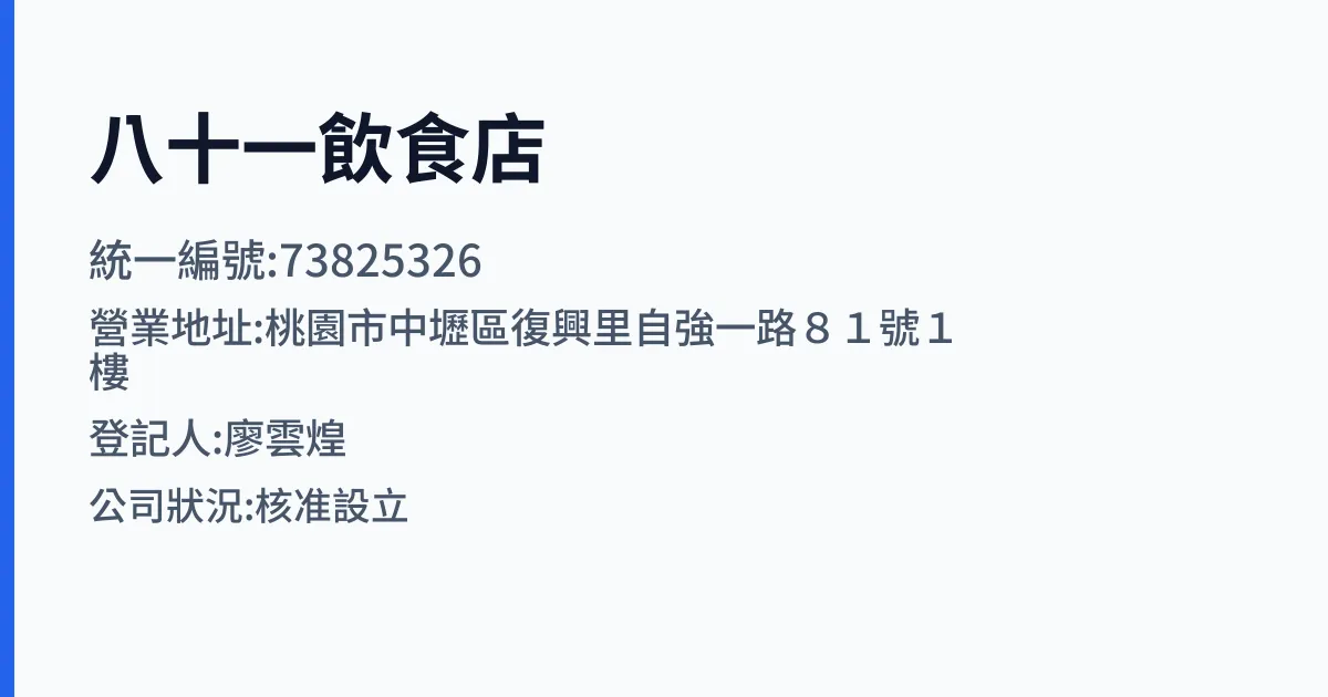 八十一飲食店 - 統編 73825326(桃園市) 公司登記資料與營業項目詳細圖表