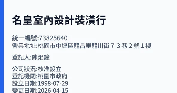 名皇室內設計裝潢行的照片-統編 73825640(桃園市) 公司登記資料與營業項目詳細圖表