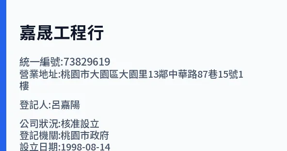 嘉晟工程行的照片-統編 73829619(桃園市) 公司登記資料與營業項目詳細圖表
