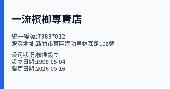 一流檳榔專賣店的照片-統編 73837012(新竹市) 公司登記資料與營業項目詳細圖表