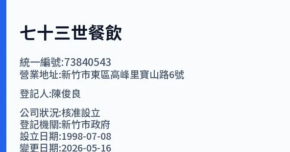 七十三世餐飲的照片-統編 73840543(新竹市) 公司登記資料與營業項目詳細圖表