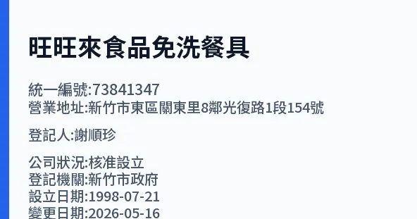 旺旺來食品免洗餐具的照片-統編 73841347(新竹市) 公司登記資料與營業項目詳細圖表