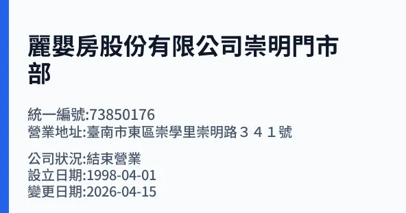 麗嬰房股份有限公司崇明門市部的照片-統編 73850176(臺南市) 公司登記資料與營業項目詳細圖表