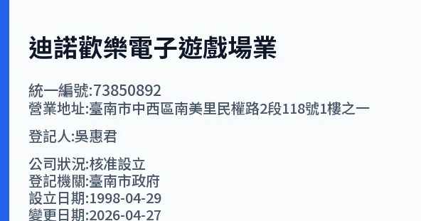 迪諾歡樂電子遊戲場業的照片-統編 73850892(臺南市) 公司登記資料與營業項目詳細圖表