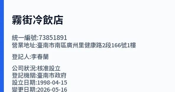 霧街冷飲店的照片-統編 73851891(臺南市) 公司登記資料與營業項目詳細圖表