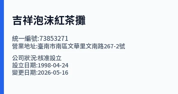 吉祥泡沫紅茶攤的照片-統編 73853271(臺南市) 公司登記資料與營業項目詳細圖表