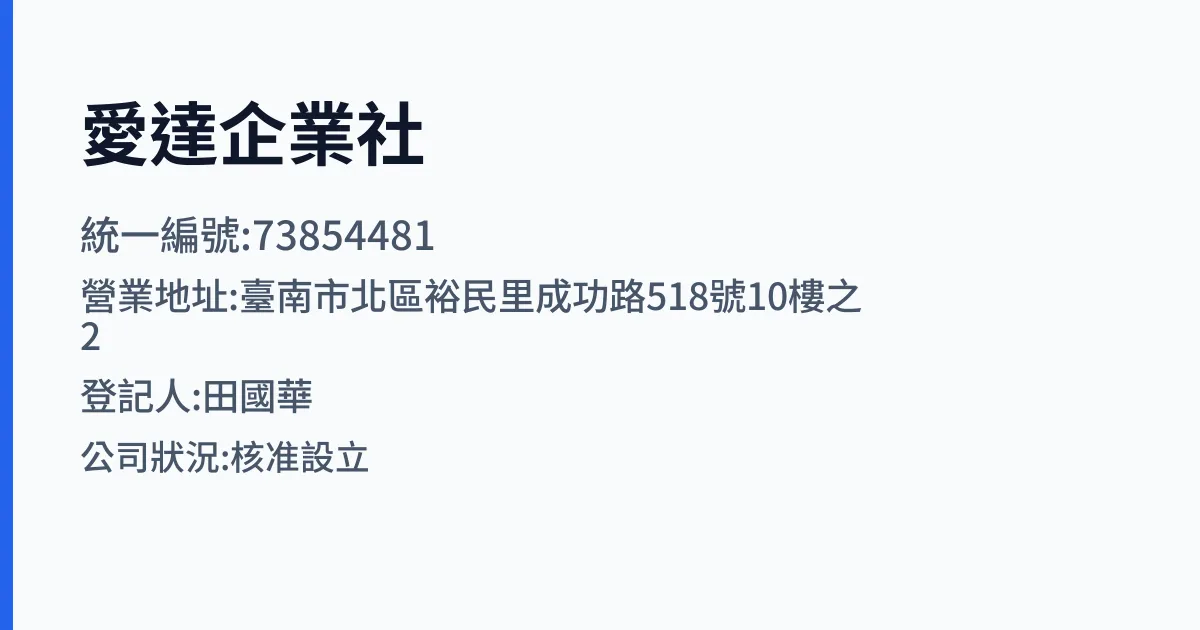 愛達企業社 - 統編 73854481(臺南市) 公司登記資料與營業項目詳細圖表