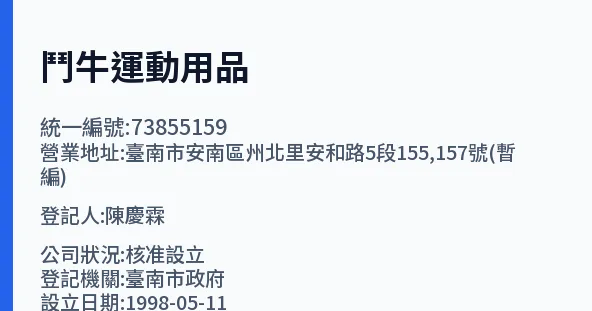 鬥牛運動用品的照片-統編 73855159(臺南市) 公司登記資料與營業項目詳細圖表