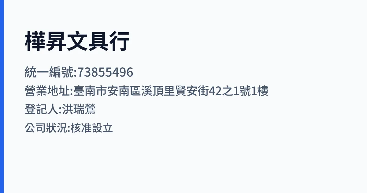 樺昇文具行 - 統編 73855496(臺南市) 公司登記資料與營業項目詳細圖表