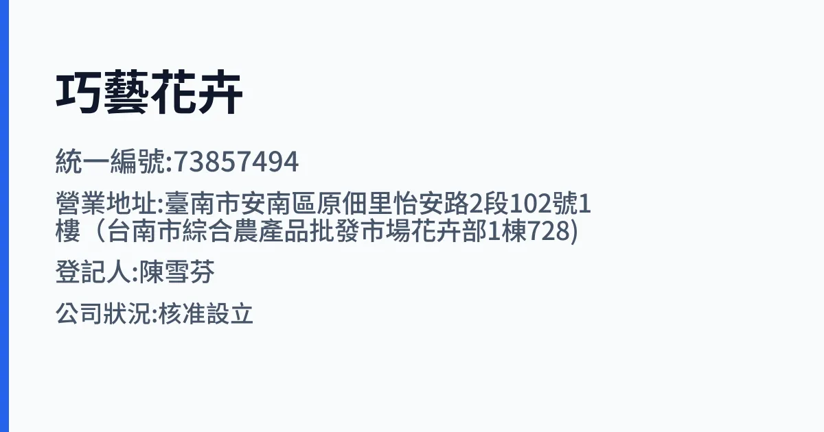 巧藝花卉 - 統編 73857494(臺南市) 公司登記資料與營業項目詳細圖表