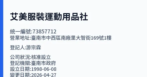 艾美服裝運動用品社的照片-統編 73857712(臺南市) 公司登記資料與營業項目詳細圖表