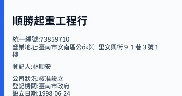 順勝起重工程行的照片-統編 73859710(臺南市) 公司登記資料與營業項目詳細圖表