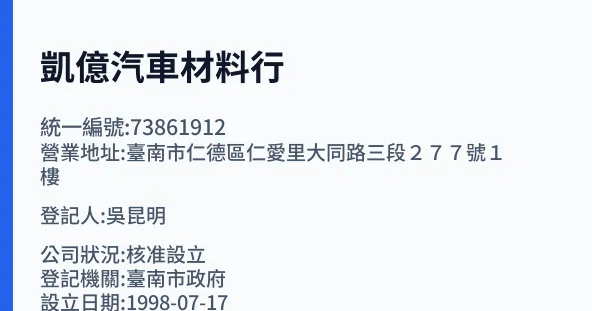 凱億汽車材料行的照片-統編 73861912(臺南市) 公司登記資料與營業項目詳細圖表
