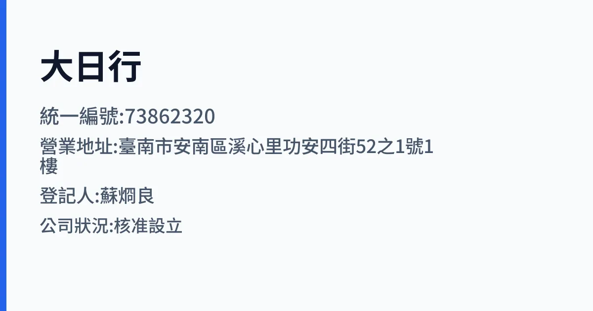 大日行 - 統編 73862320(臺南市) 公司登記資料與營業項目詳細圖表