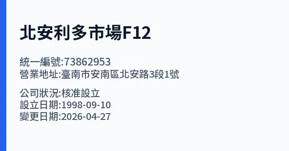 北安利多市場F12的照片-統編 73862953(臺南市) 公司登記資料與營業項目詳細圖表