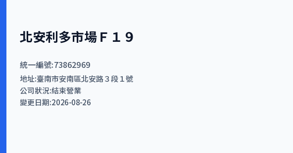 北安利多市場F19的照片-統編 73862969(臺南市) 公司登記資料與營業項目詳細圖表