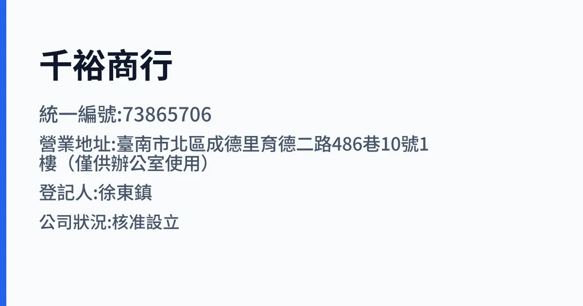 千裕商行 - 統編 73865706(臺南市) 公司登記資料與營業項目詳細圖表