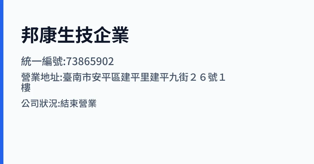 邦康生技企業 - 統編 73865902(臺南市) 公司登記資料與營業項目詳細圖表