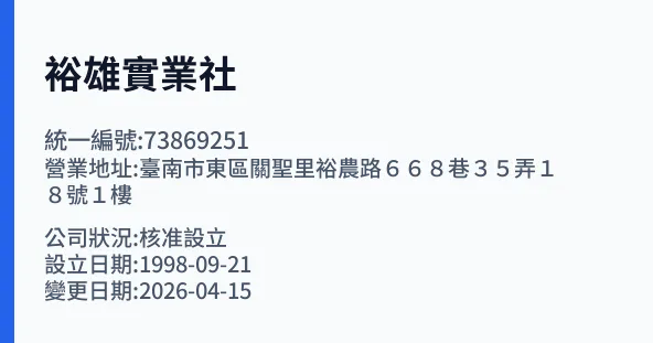 裕雄實業社的照片-統編 73869251(臺南市) 公司登記資料與營業項目詳細圖表