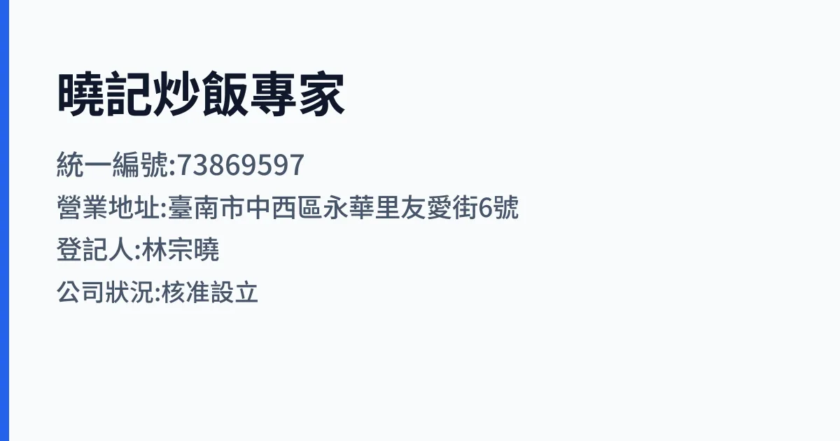 曉記炒飯專家 - 統編 73869597(臺南市) 公司登記資料與營業項目詳細圖表