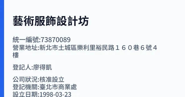 藝術服飾設計坊的照片-統編 73870089(新北市) 公司登記資料與營業項目詳細圖表