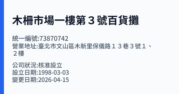 木柵市場一樓第３號百貨攤的照片-統編 73870742(臺北市) 公司登記資料與營業項目詳細圖表