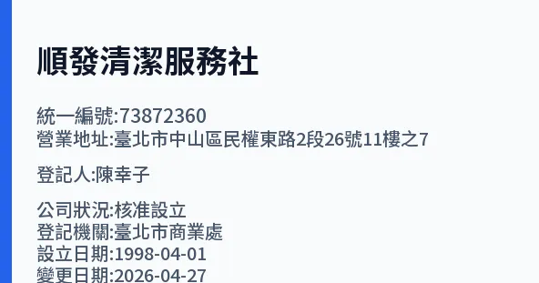 順發清潔服務社的照片-統編 73872360(臺北市) 公司登記資料與營業項目詳細圖表
