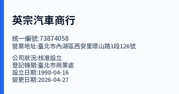 英宗汽車商行的照片-統編 73874058(臺北市) 公司登記資料與營業項目詳細圖表
