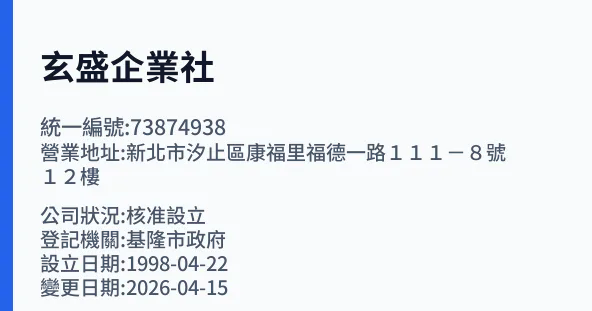 玄盛企業社的照片-統編 73874938(新北市) 公司登記資料與營業項目詳細圖表