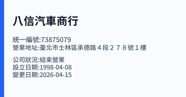 八信汽車商行的照片-統編 73875079(臺北市) 公司登記資料與營業項目詳細圖表