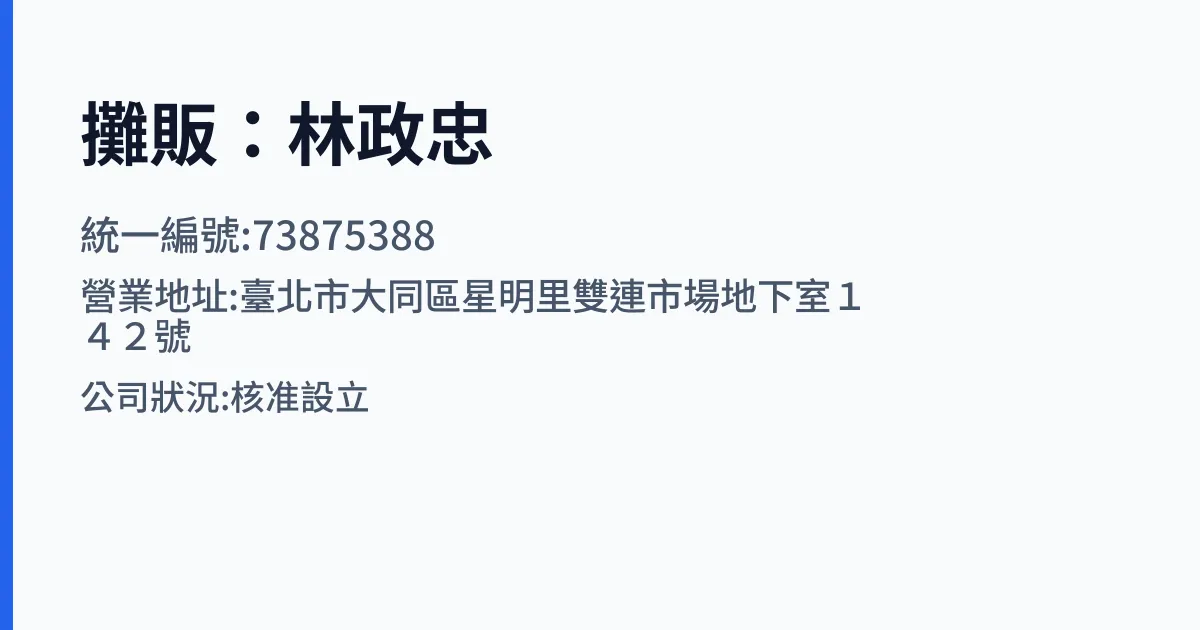 攤販:林政忠 - 統編 73875388(臺北市) 公司登記資料與營業項目詳細圖表