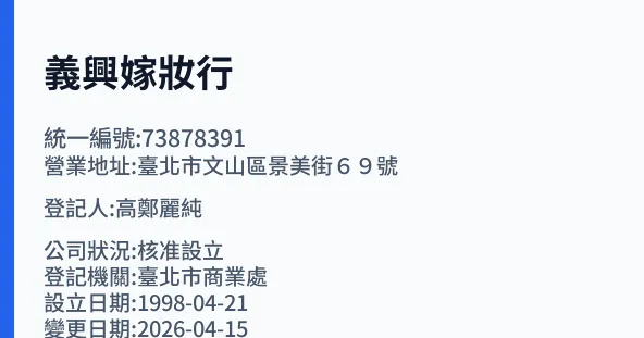 義興嫁妝行的照片-統編 73878391(臺北市) 公司登記資料與營業項目詳細圖表