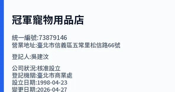 冠軍寵物用品店的照片-統編 73879146(臺北市) 公司登記資料與營業項目詳細圖表