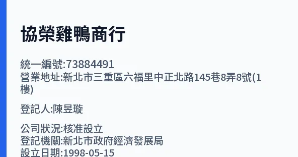 協榮雞鴨商行的照片-統編 73884491(新北市) 公司登記資料與營業項目詳細圖表