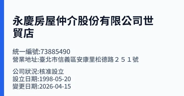 永慶房屋仲介股份有限公司世貿店的照片-統編 73885490(臺北市) 公司登記資料與營業項目詳細圖表