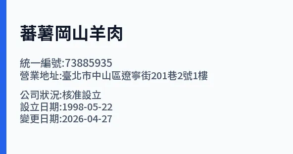 蕃薯岡山羊肉的照片-統編 73885935(臺北市) 公司登記資料與營業項目詳細圖表