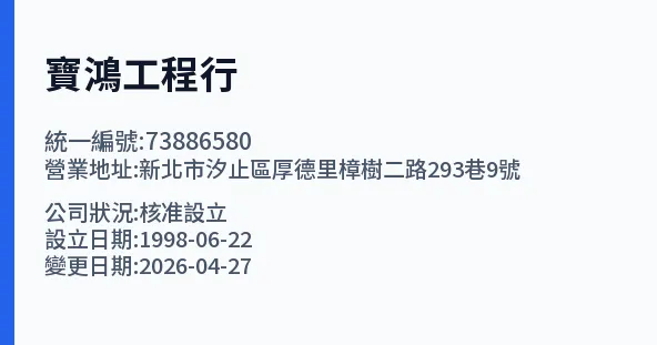 寶鴻工程行的照片-統編 73886580(新北市) 公司登記資料與營業項目詳細圖表